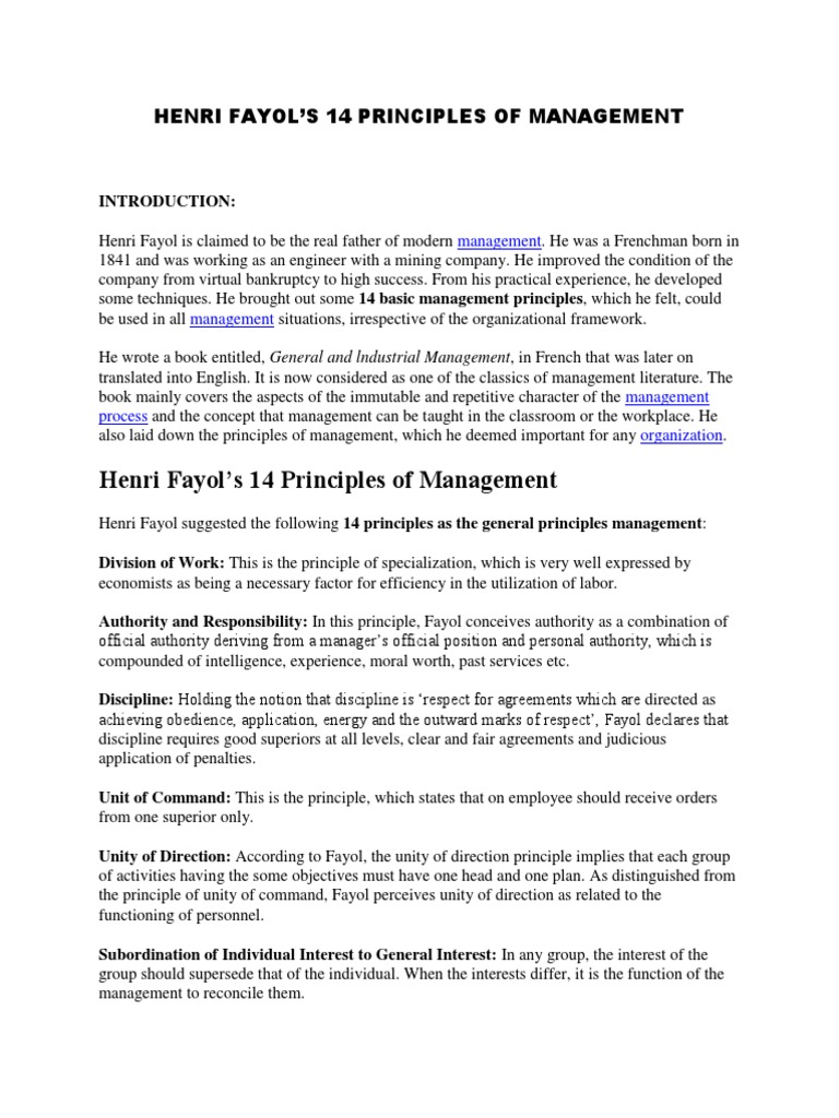 Henri Fayol's 14 Principles of Management | PDF | Employment | Business