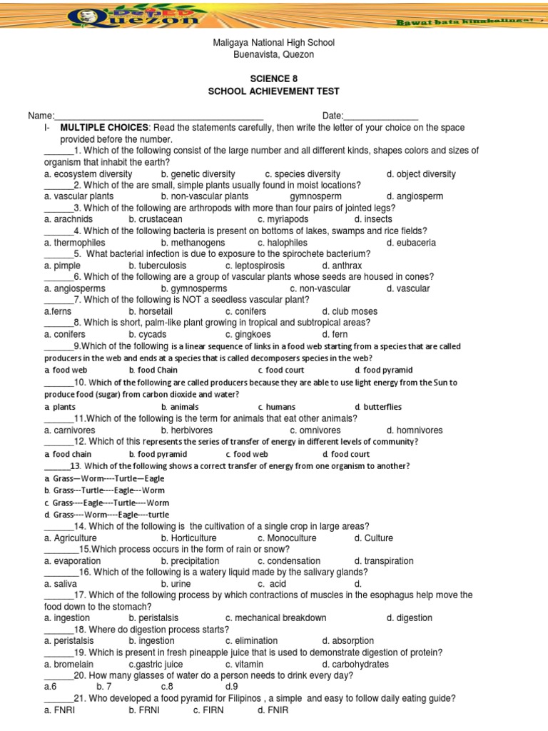 Science 8 School Achievement Test | PDF | Digestion | Foods