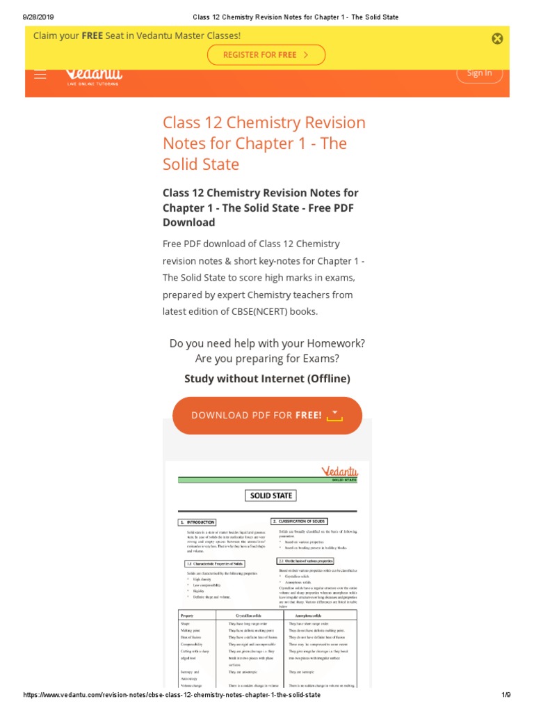 Class 12 Chemistry Revision Notes For Chapter 1 - The Solid State | PDF ...