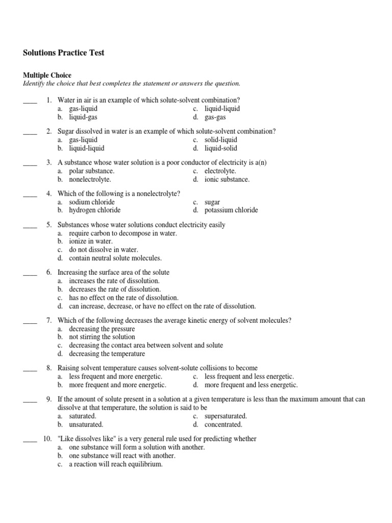 Solutions Practice Test: Multiple Choice | Download Free PDF | Solution ...
