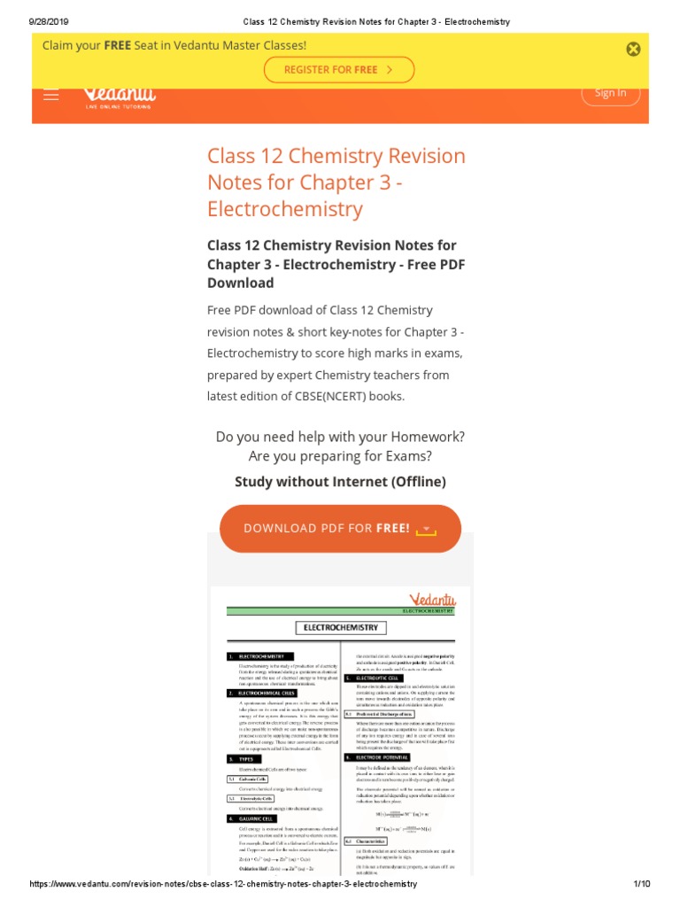 Class 12 Electrochemistry Notes PDF | PDF | Chemistry | Organic Chemistry
