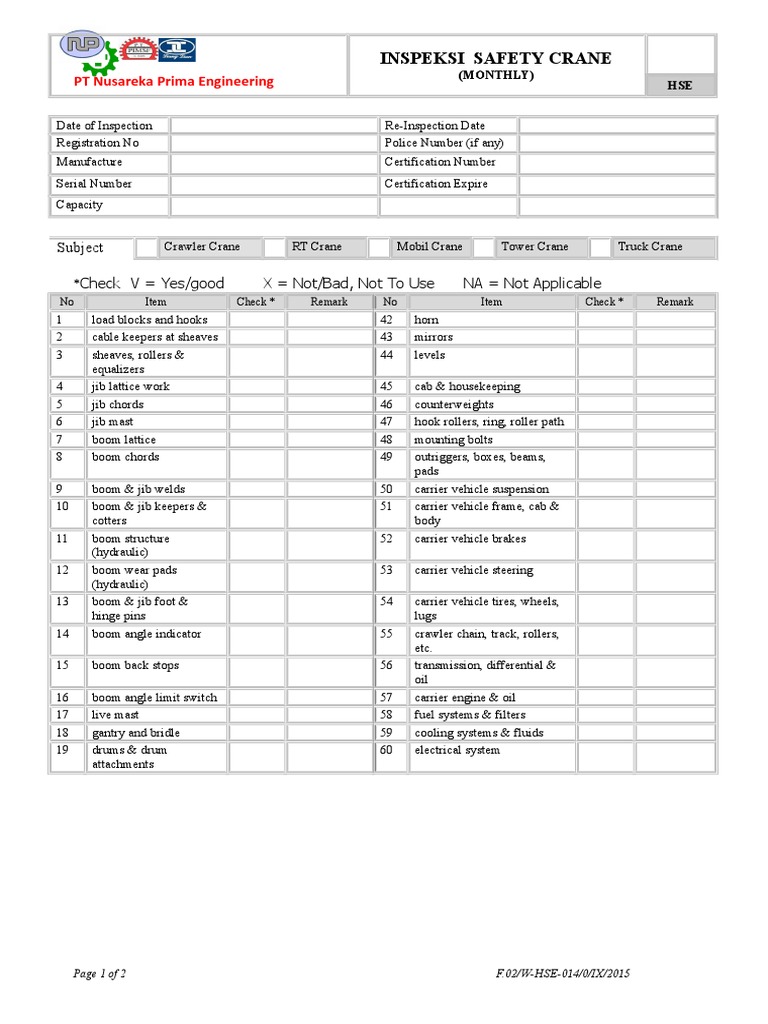 Inspeksi Safety Crane: PT Nusareka Prima Engineering | Crane (Machine ...