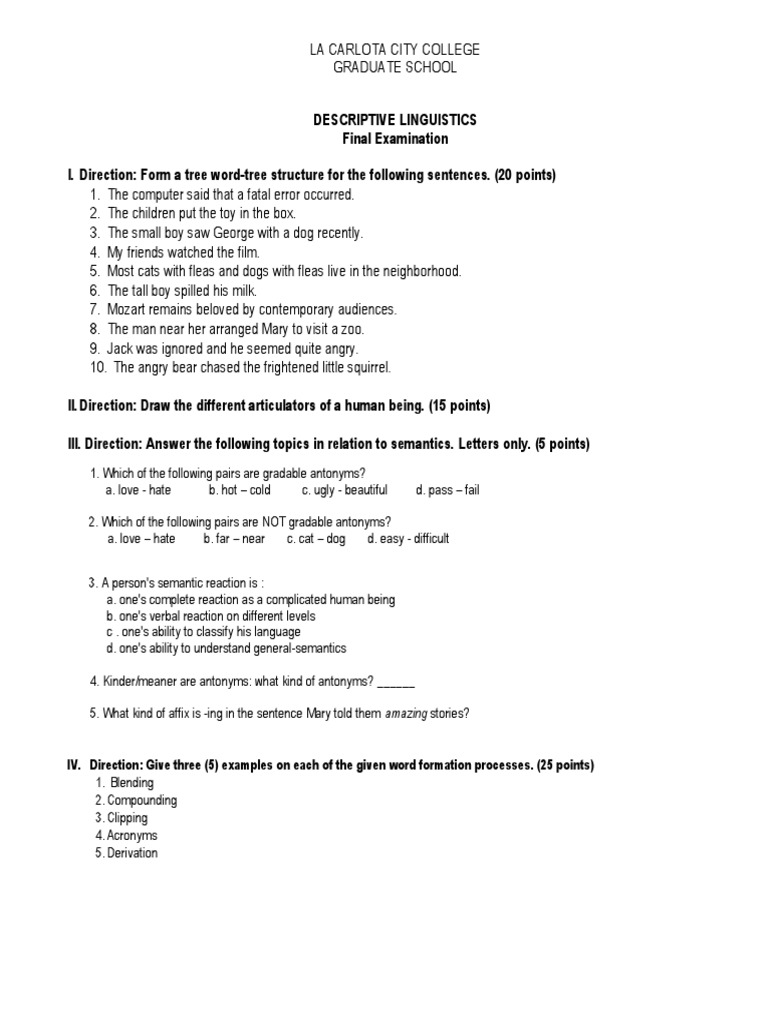 Finals Descriptive Linguistics Examination Revised | PDF | Morphology ...