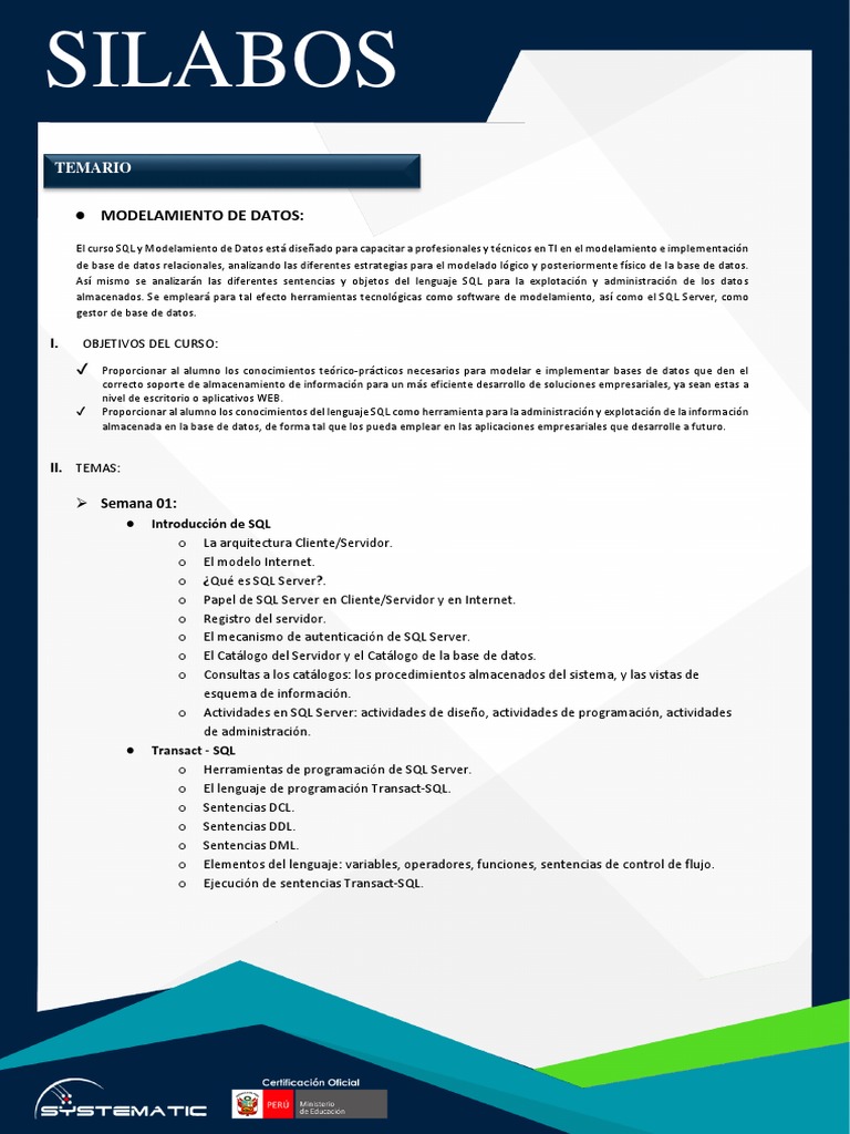 Silabos: Modelamiento de Datos | Descargar gratis PDF | Servidor SQL de Microsoft | SQL