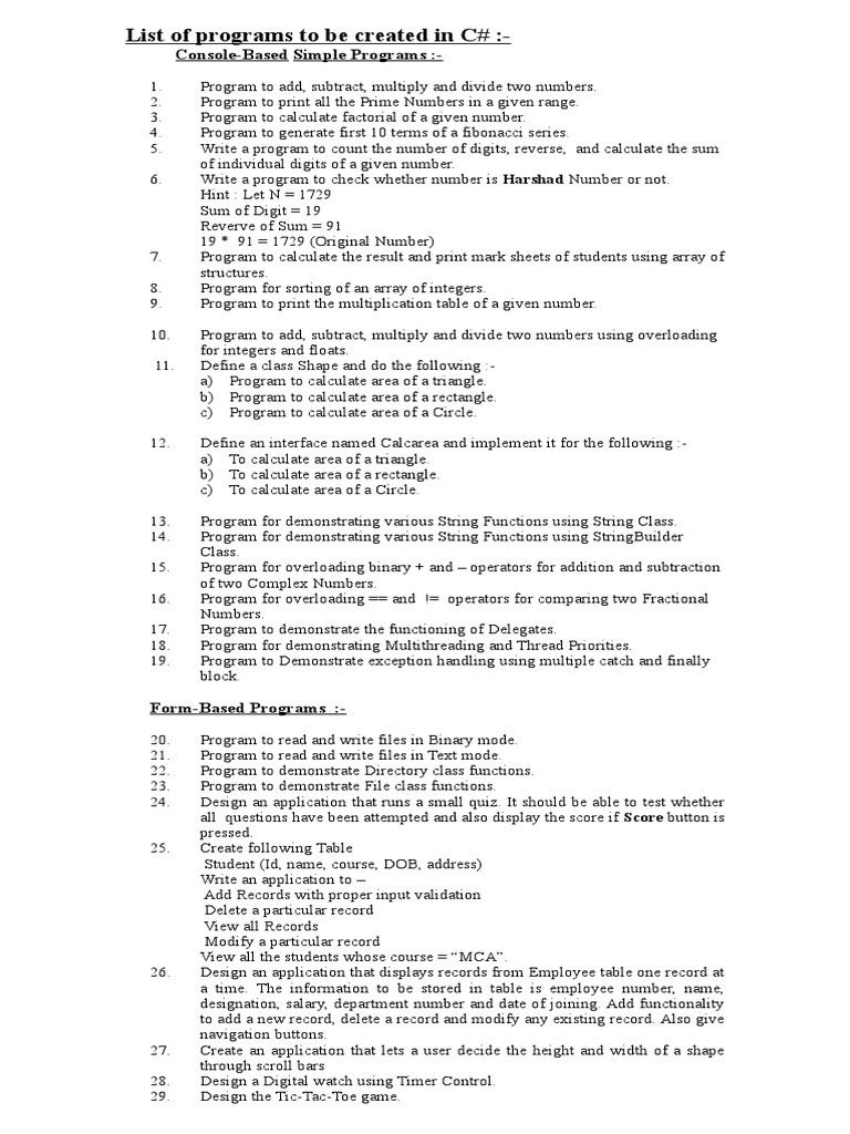 List of Programs To Be Created in C#:-: Console-Based Simple Programs ...