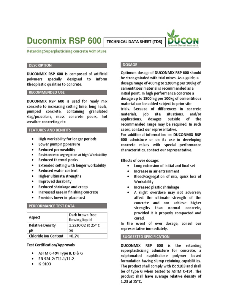 Duconmix RSP 600 | PDF | Concrete | Materials