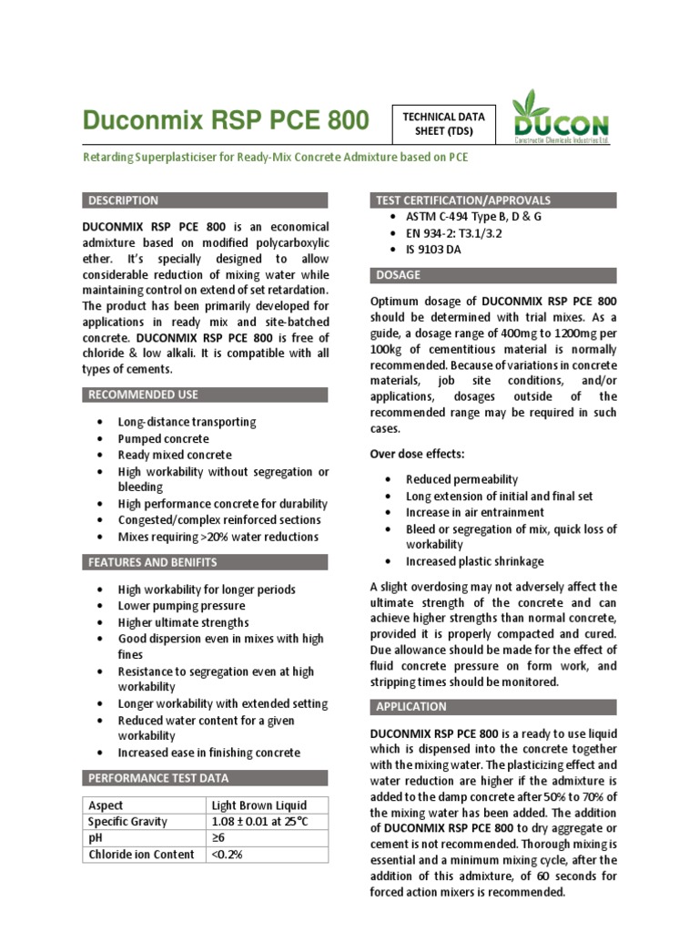 Duconmix RSP PCE 800 - High Early Strength, High Range Water Reducing ...