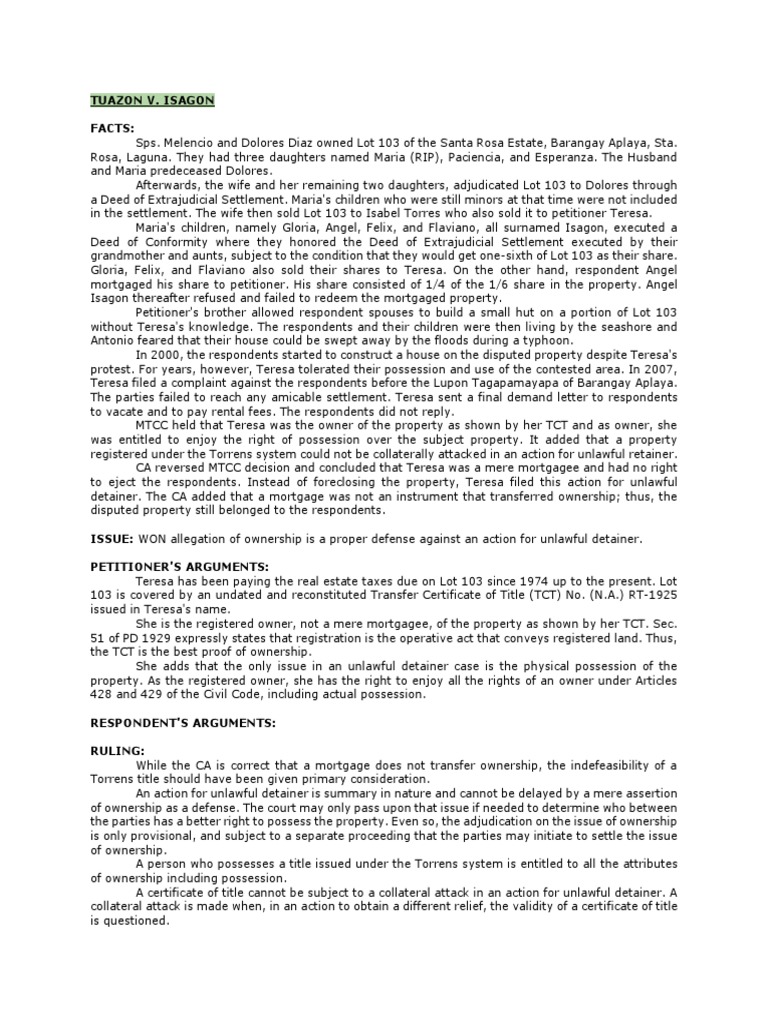 Tuazon V Isagon | Download Free PDF | Mortgage Law | Ownership