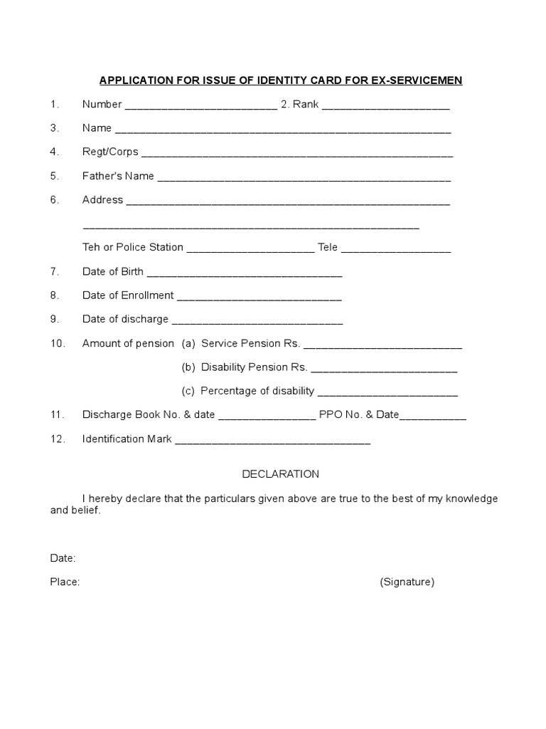 Application for an Identity Card for Ex-Servicemen and Widows/War ...