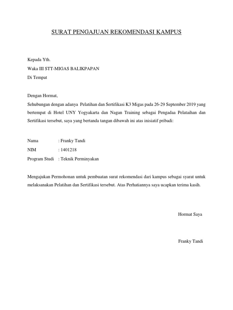 Surat Pengajuan Rekomendasi Kampus | PDF