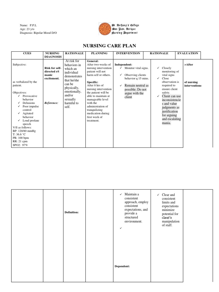 SElf Directed RT Manic Excitement NCP BM DISORDER | PDF | Mania | Nursing