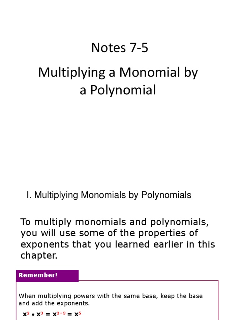 Notes 7-5 Multiplying A Monomial by A Polynomial | PDF | Area | Equations