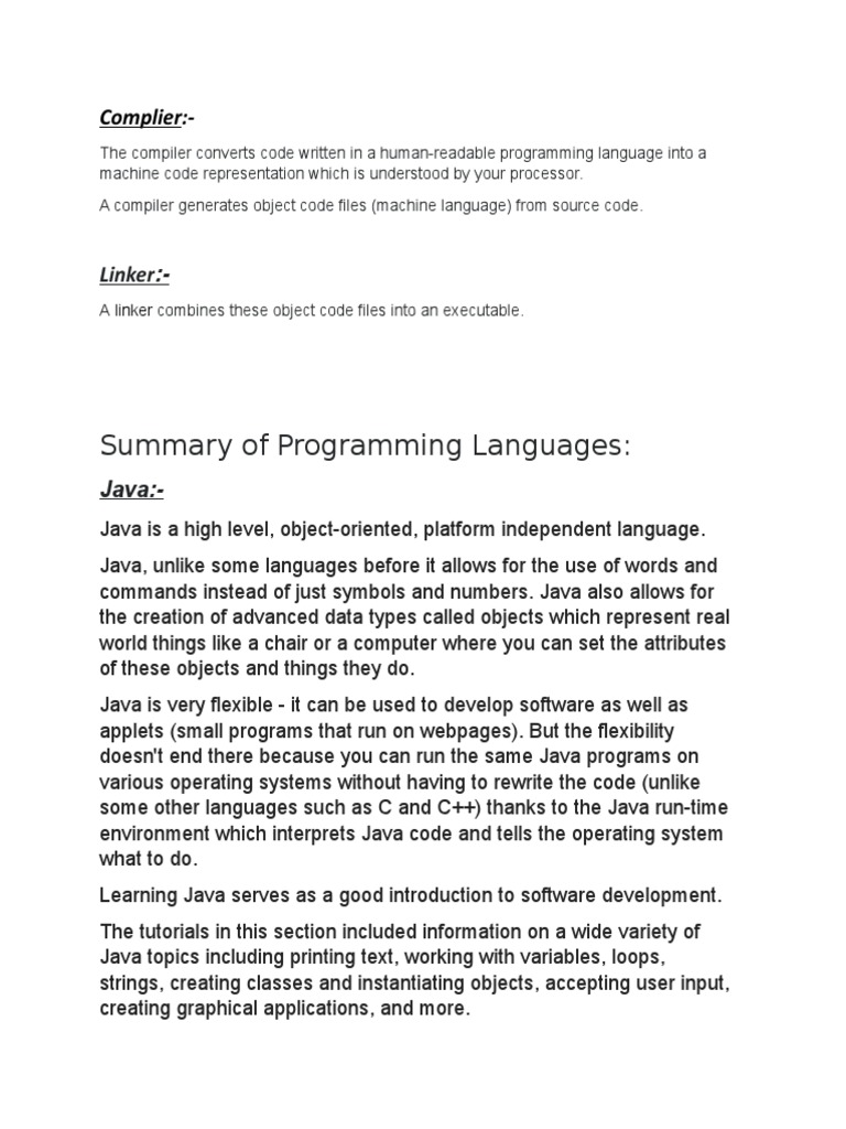 Summary of Programming Languages:: Complier | PDF
