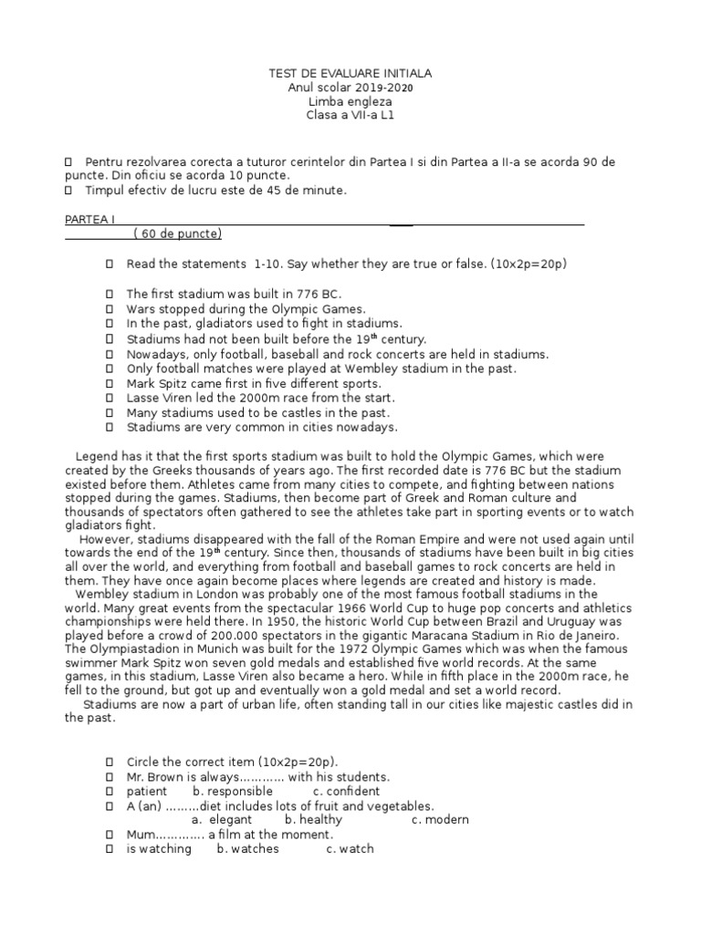 Initial Test 7th Grade 20182019 | PDF | Stadium | Sports