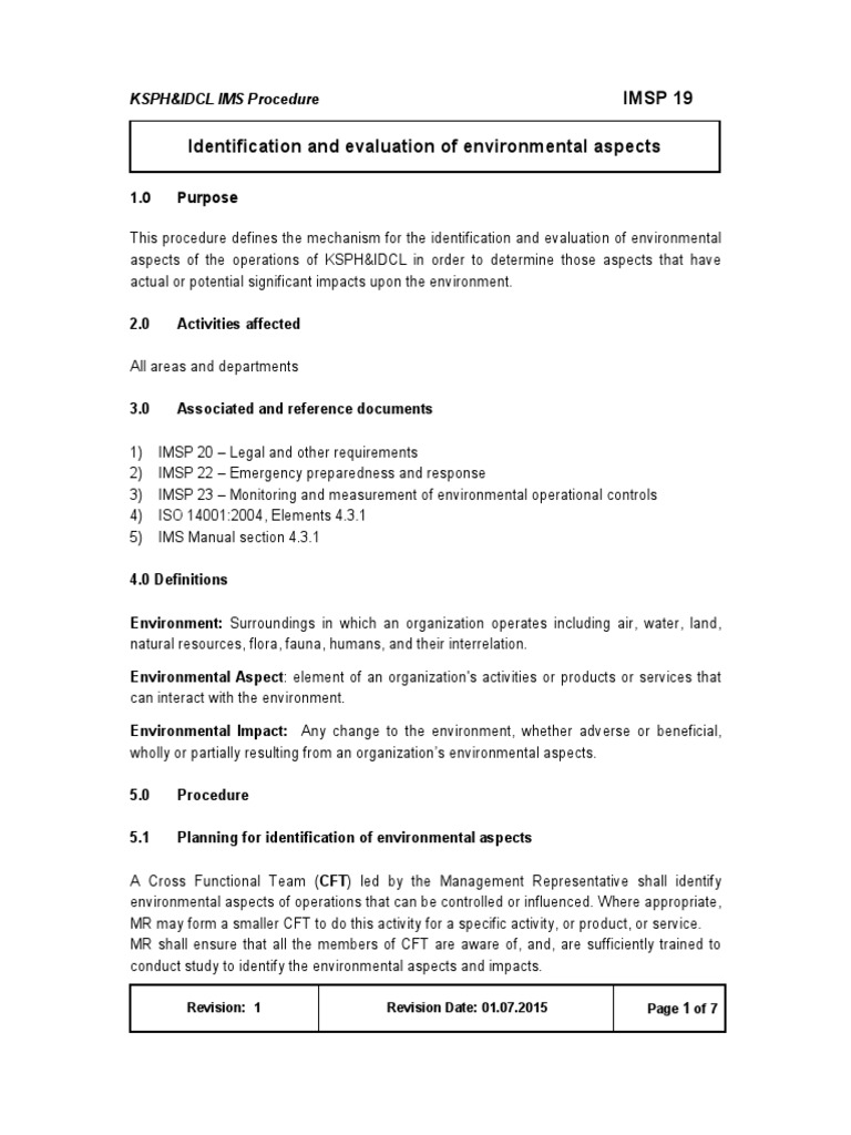 Identification and Evaluation of Environmental Aspects and Impacts ...