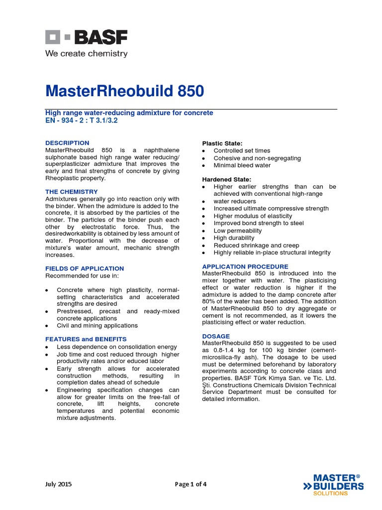 Eng Masterrheobuild 850 Tds | PDF | Concrete | Applied And ...