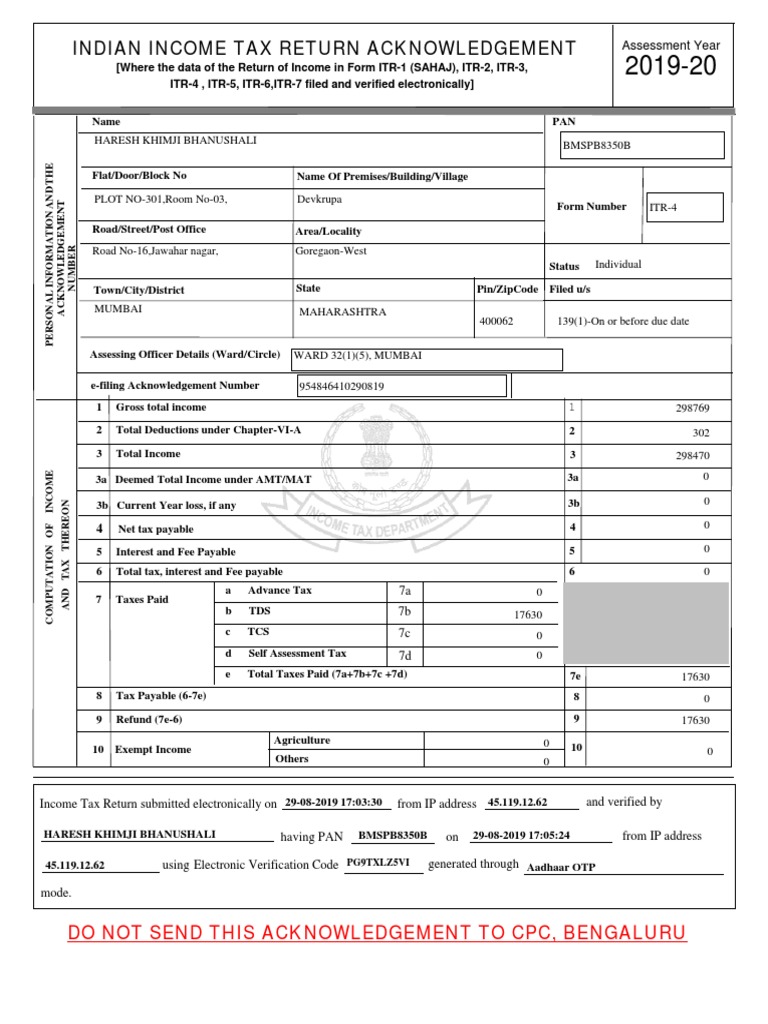 ITR Acknowledgement for Agriculture Income | PDF | Government Finances ...