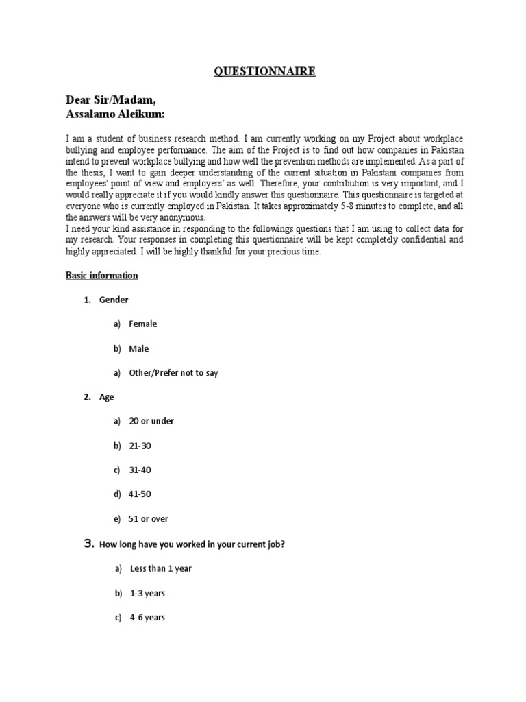 Bullying Questionnaire For Students | PDF | Bullying | Questionnaire