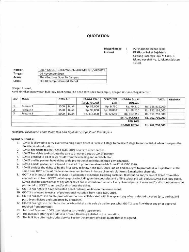 Bulk Ticket Quotation for Jazz Event | PDF | Business