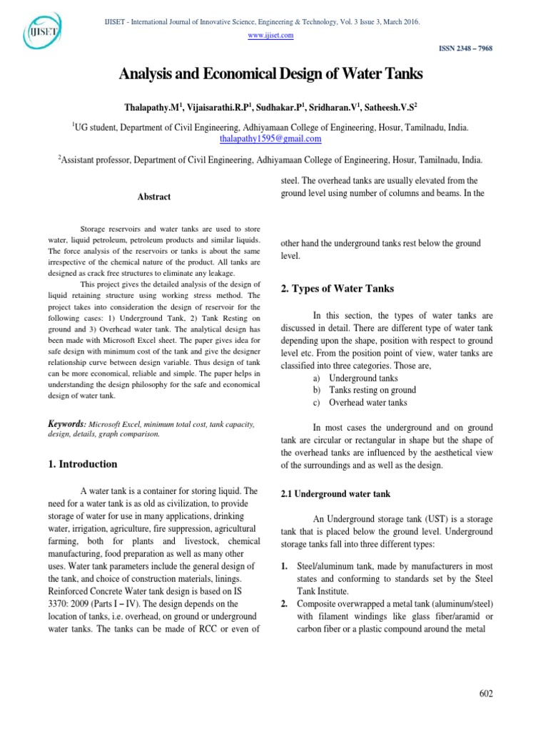 Analysis and Economical Design of Water Tanks | PDF | Water Supply | Water