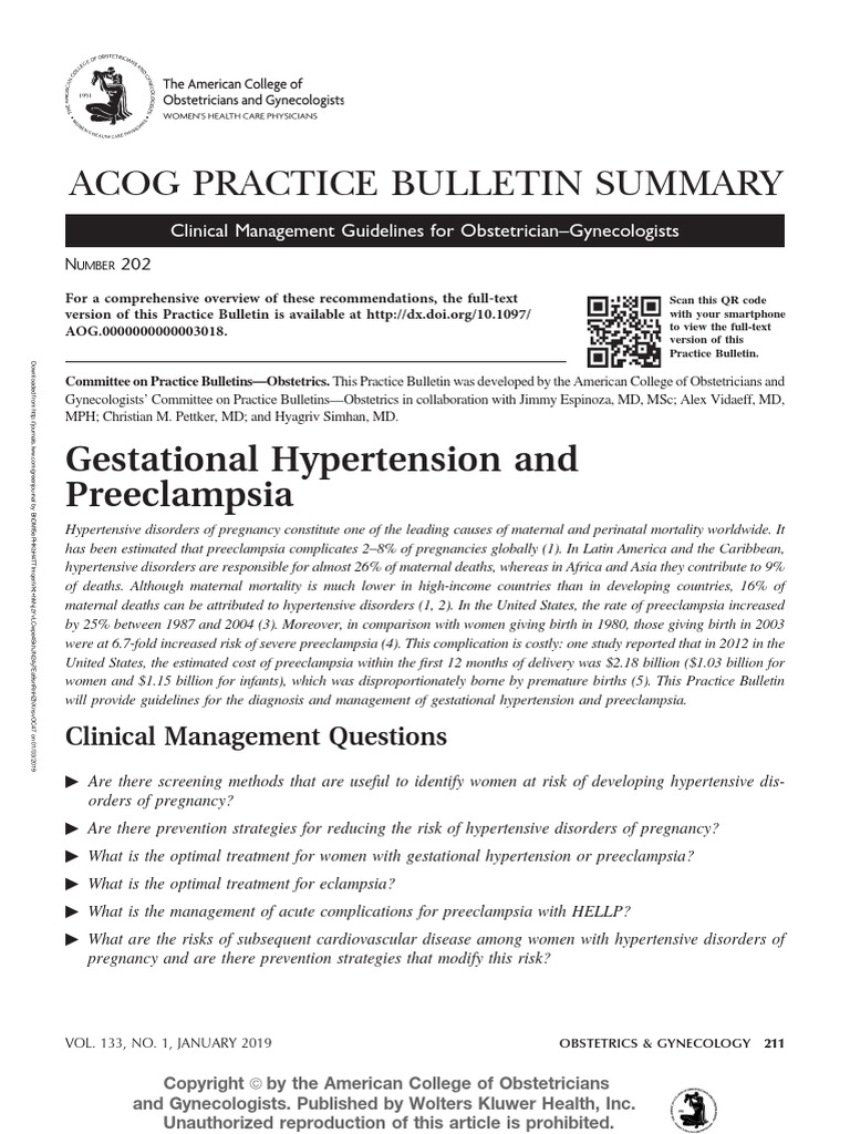 Acog Practice Bulletin Summary: Gestational Hypertension and ...
