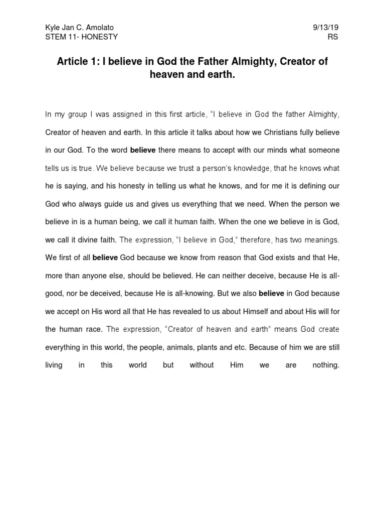 Belief in God: Creator of All Things | PDF