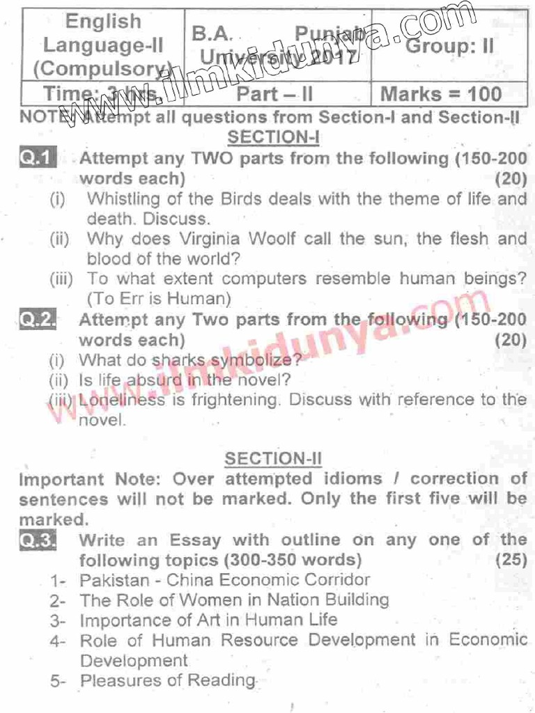 Past Papers Punjab University 2017 BA Part 2 English Group 2 - Copy