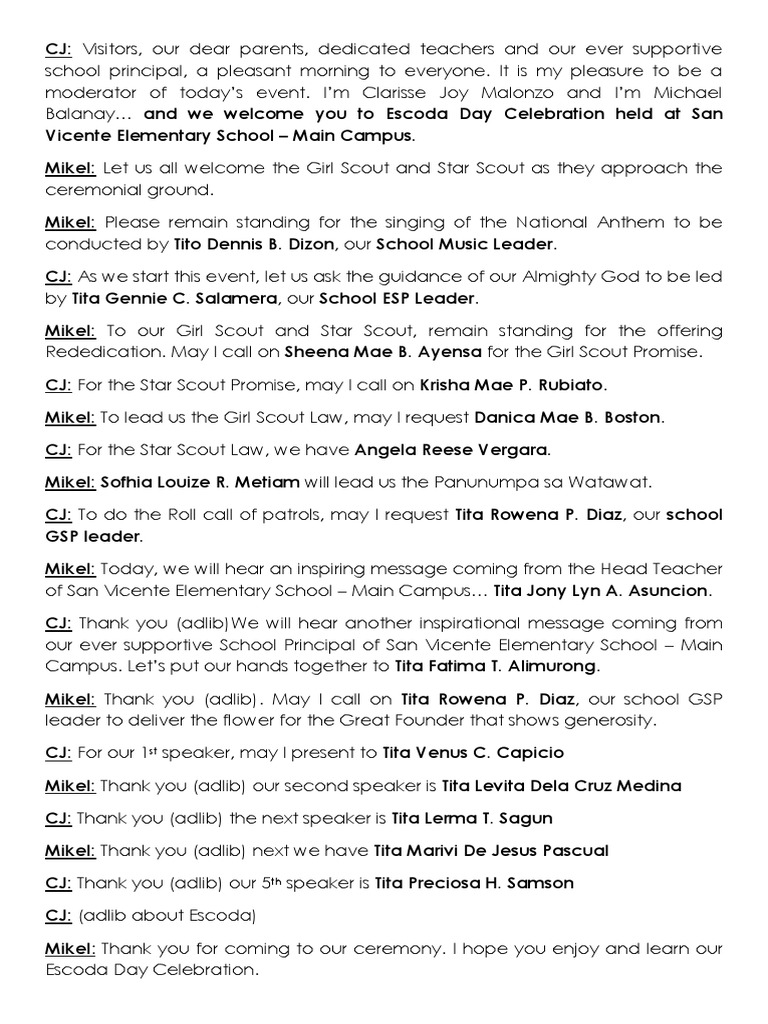 Script For Escoda Day | PDF