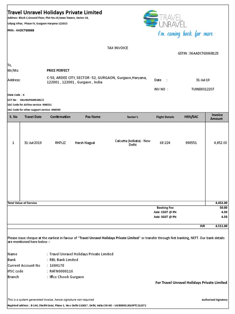 Travel Invoice for Flight Booking from New Delhi to Guwahati | PDF ...