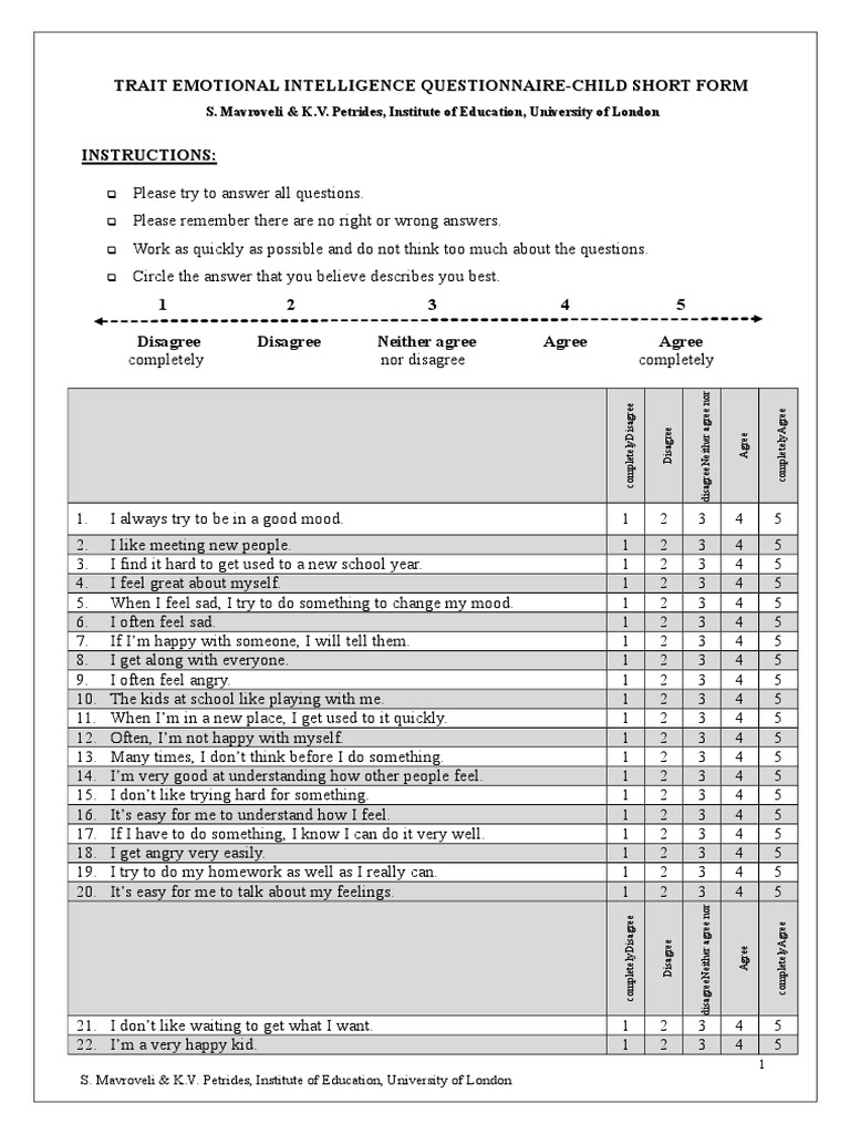 Assessing Emotional Intelligence in Children: The Trait Emotional ...