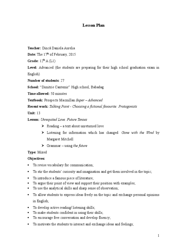 Unrequited Love Lesson Plan | PDF | Reading Comprehension | Homework