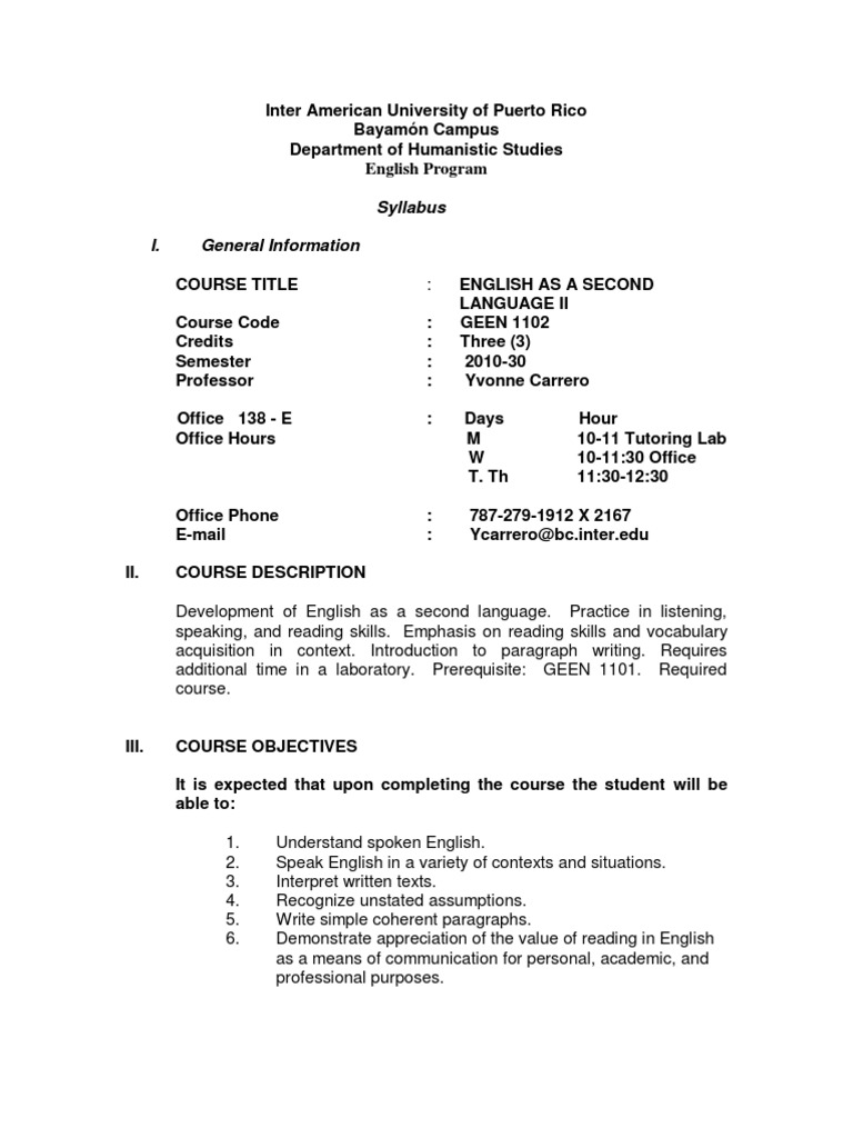 ESL II Syllabus - Bayamón Campus | PDF | Reading Comprehension ...