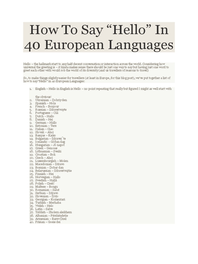 How To Say "Hello" in 40 European Languages | PDF