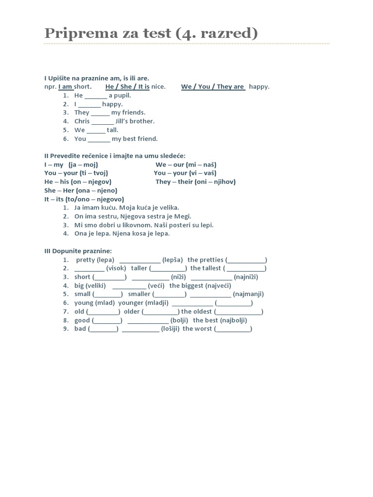 Priprema Za Inicijalni Test Iz Engleskog Za IV Razred | PDF