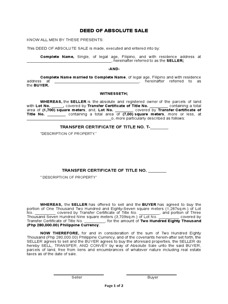 Deed of Sale Portion of Real Property | PDF | Deed | Sales