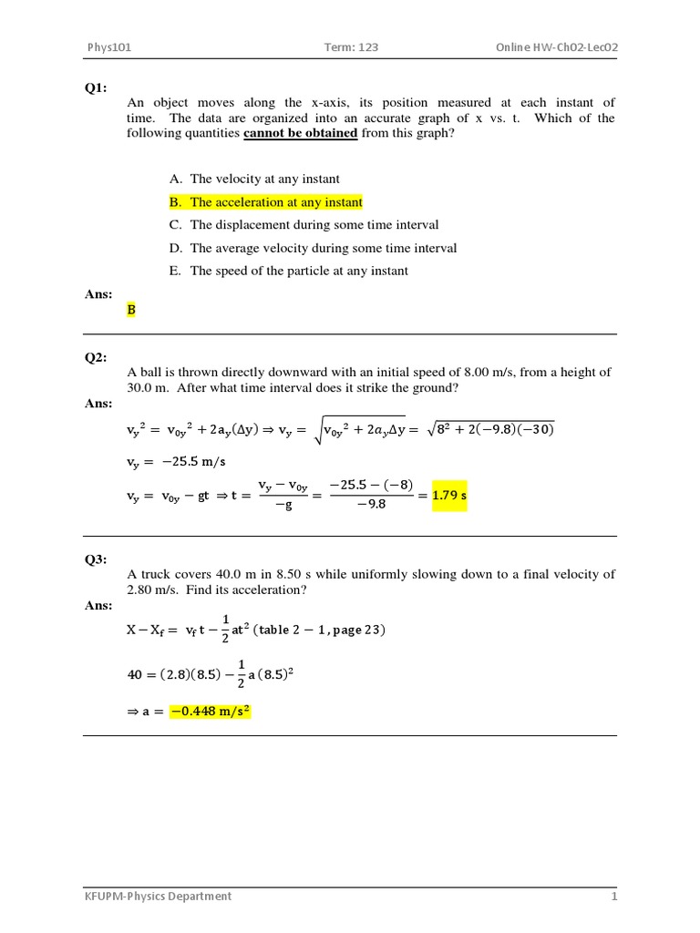 Phys101 Term: 123 Online HW-Ch02-Lec02: y 2 0y 2 y y 0y 2 2 | PDF | Velocity | Acceleration