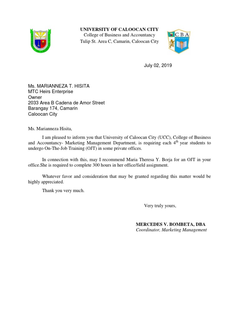 Letter Requesting an On-The-Job Training Placement for a Marketing ...