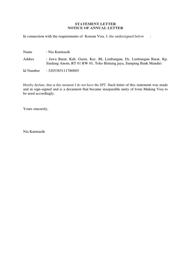 Statement Letter Notice of Annual Letter: I, The Undersigned Below | PDF