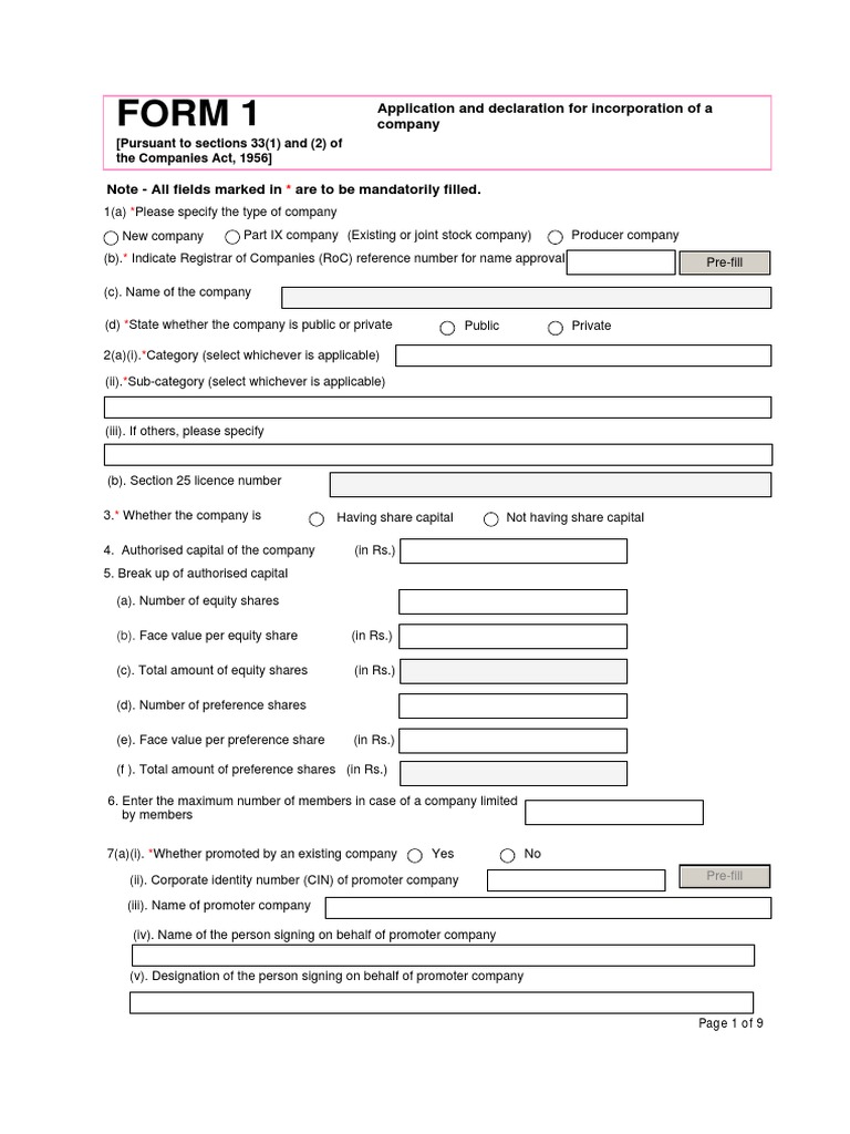 Form 1: Application and Declaration For Incorporation of A Company ...