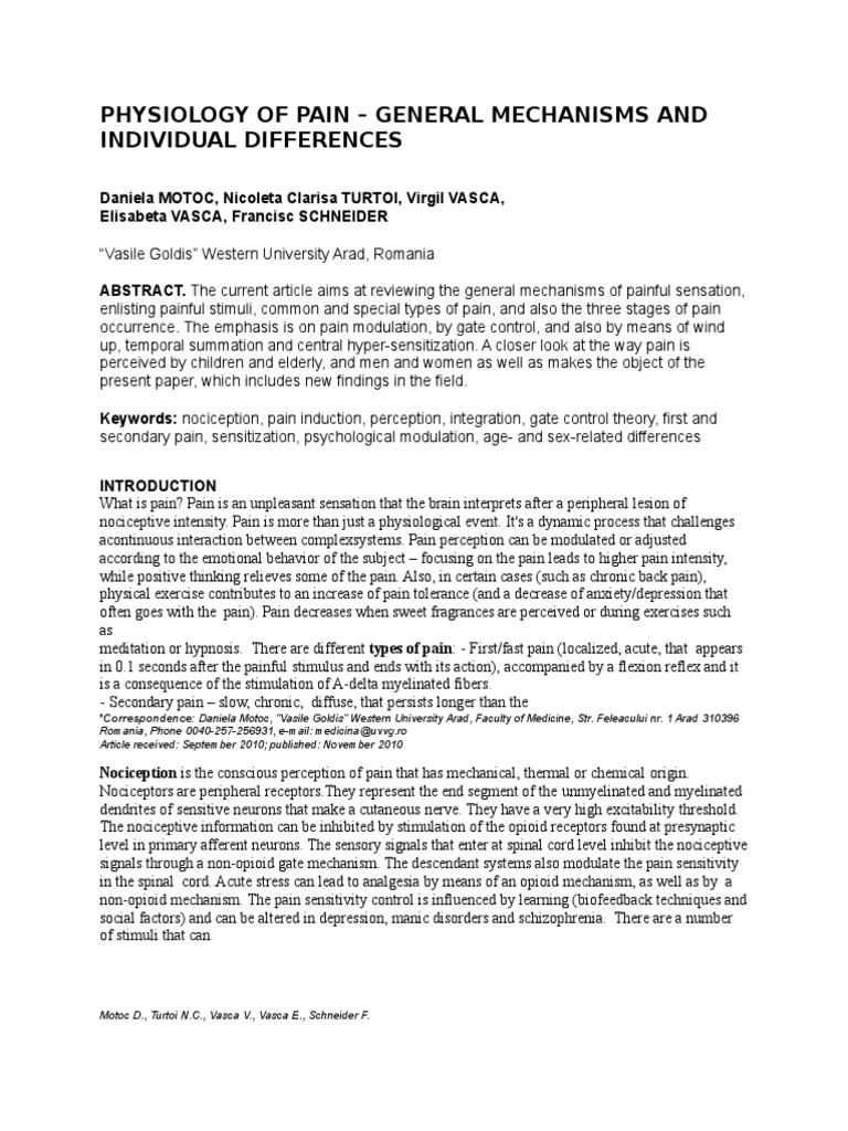 Physiology of Pain - General Mechanisms and Individual Differences ...