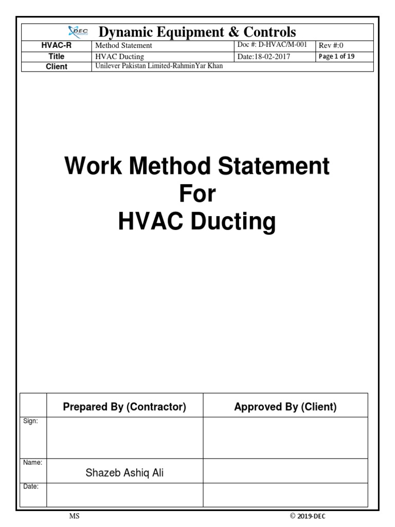 Work Method Statement For HVAC Ducting: Dynamic Equipment & Controls | PDF | Duct (Flow) | Screw