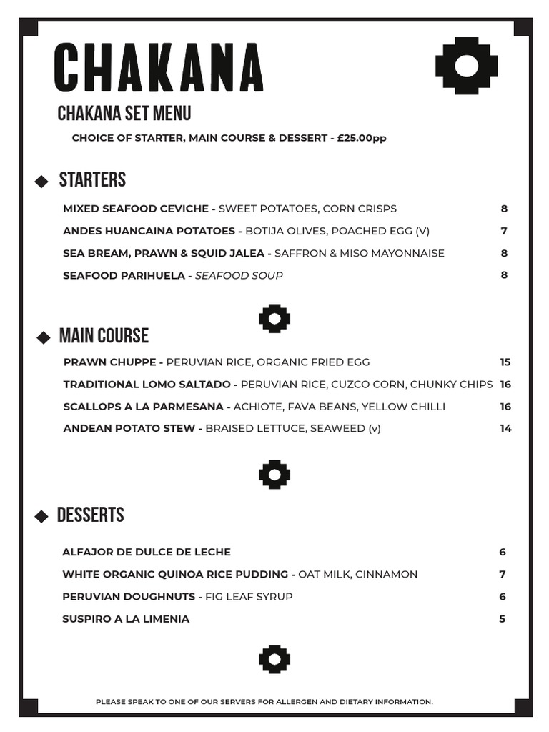 Chakana Set Menu Starters Chakana Set Menu | PDF | Potato Chip | Desserts