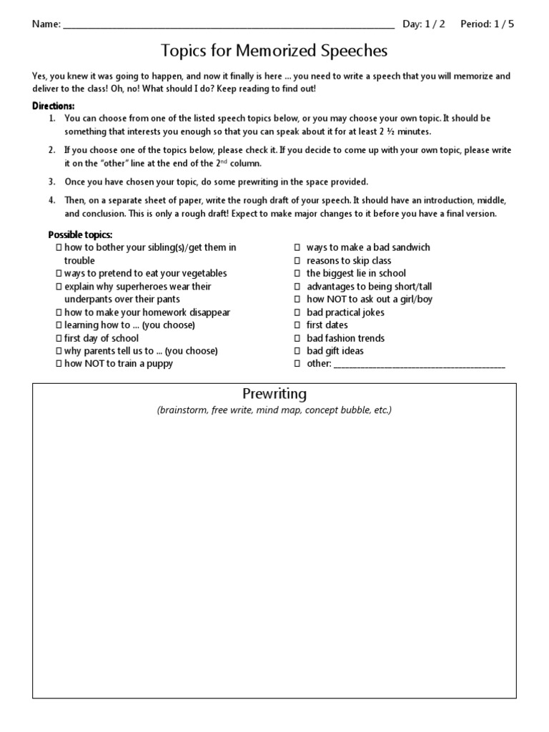 Fun Topics for Memorized Speeches | PDF