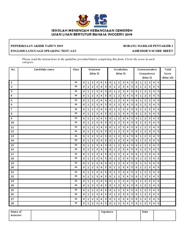 Borang Markah Ujian Bertutur PAT F2'19 - KOSONG | Unduh gratis PDF ...