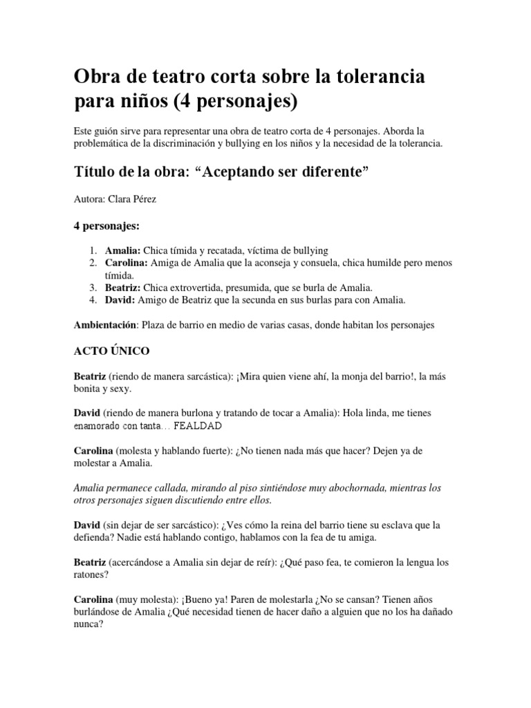 Obra de Teatro Corta Sobre La Tolerancia para Niños PDF | PDF