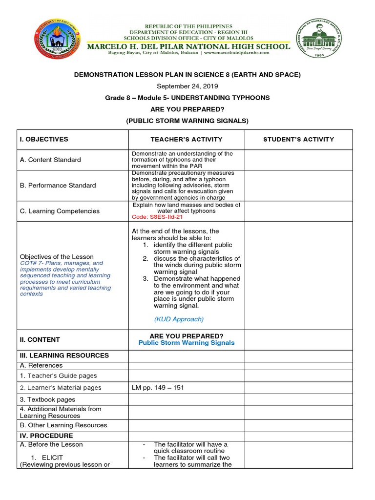 Grade 8 Science Lesson on Typhoons | PDF | Neuropsychology | Learning