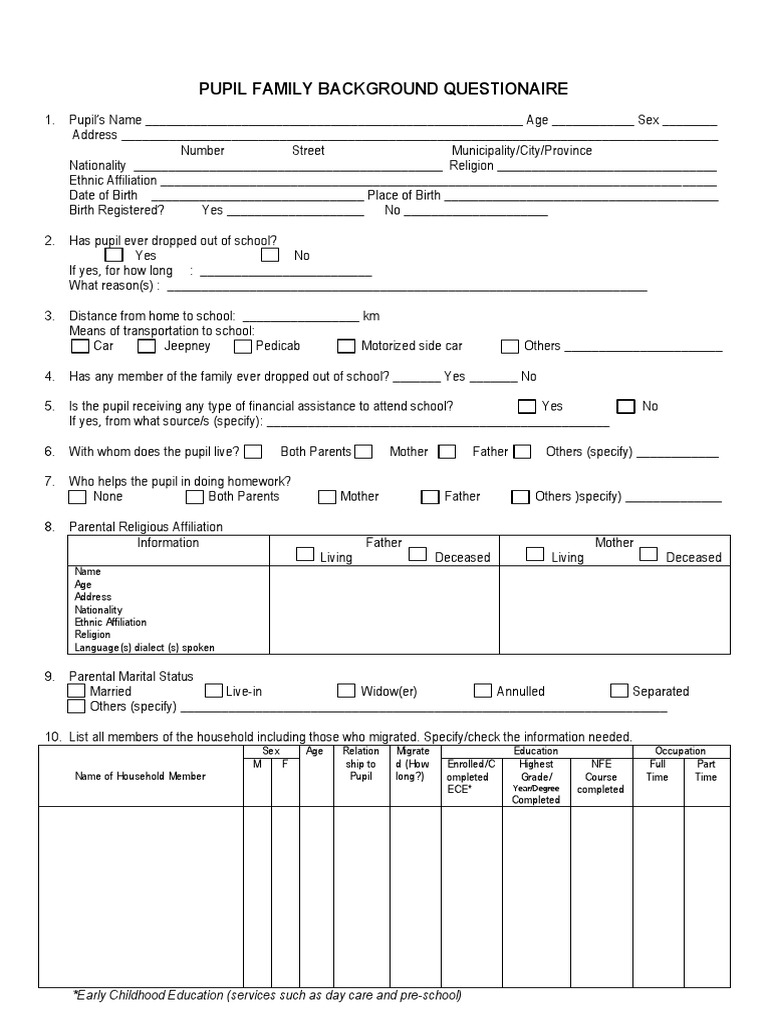 Pupil Family Background Questionaire | PDF