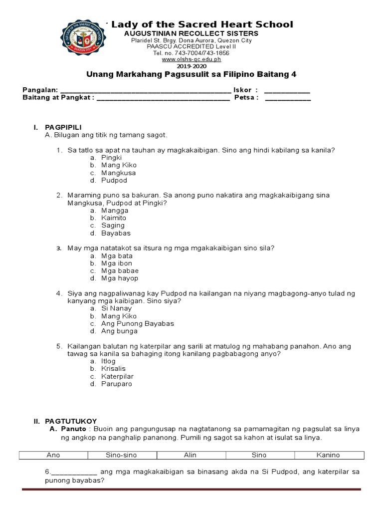 1st Quarter Test GRADE 4 | PDF