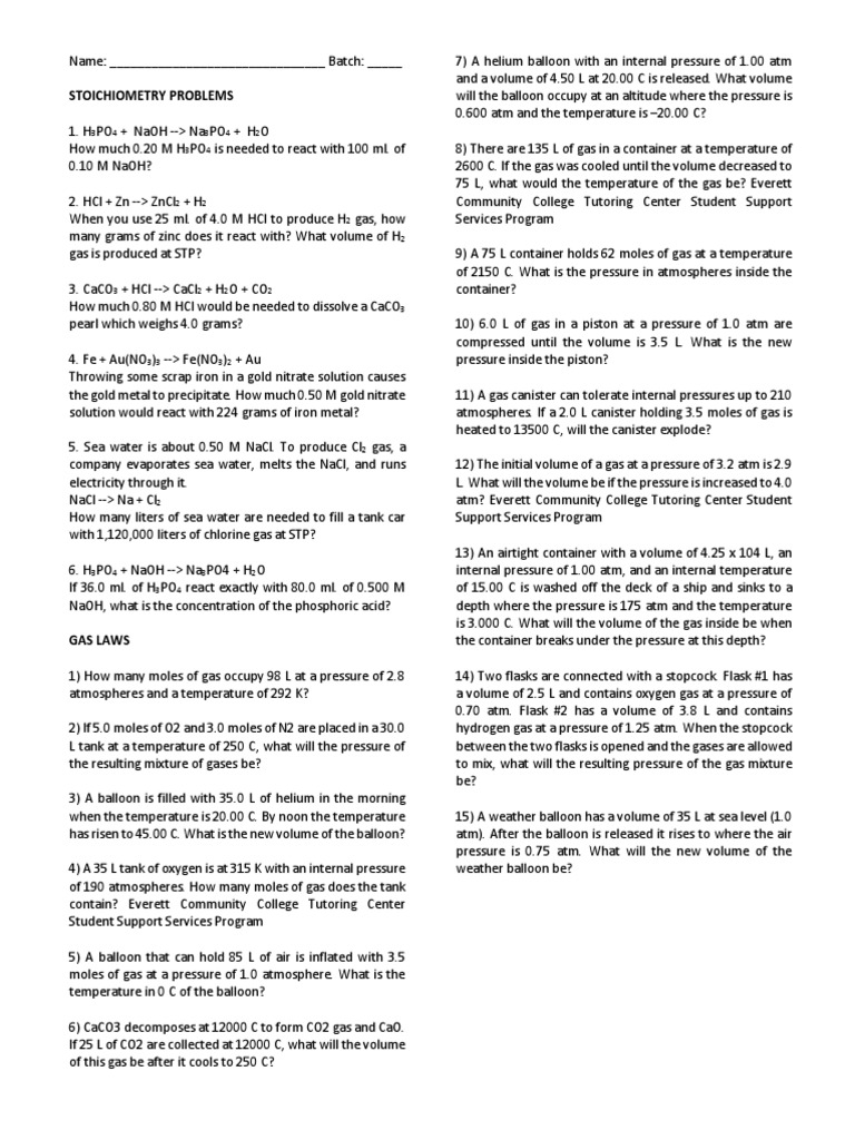 Stoichiometry and Gas Laws Problems PDF | PDF | Balloon | Gases