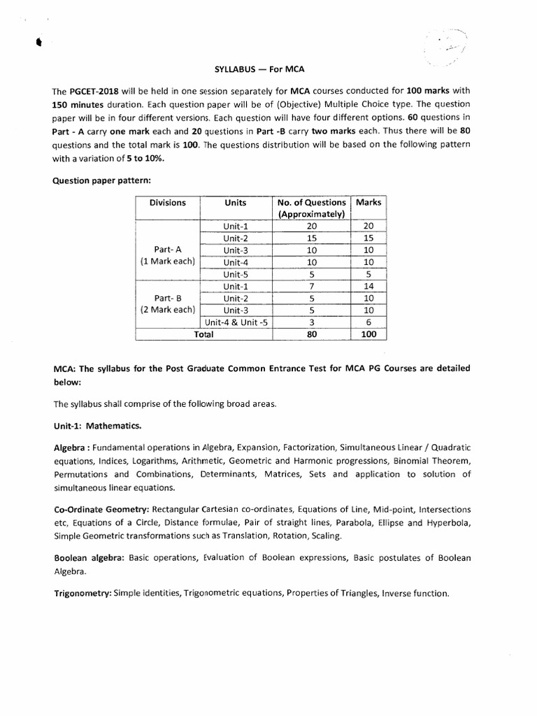 PGCET 2018 Syllabus for MCA PG Courses | PDF | Equations | Boolean Algebra